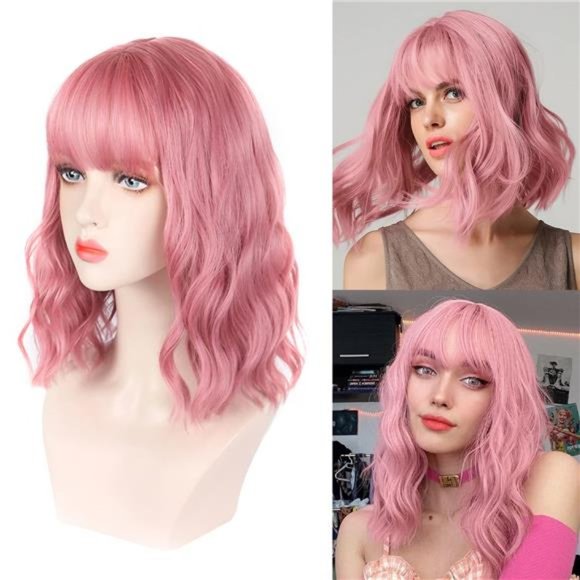 Hair | Hogreen Pink Wig Pastel Wavy With Air Bangs Synthetic Shoulder ...